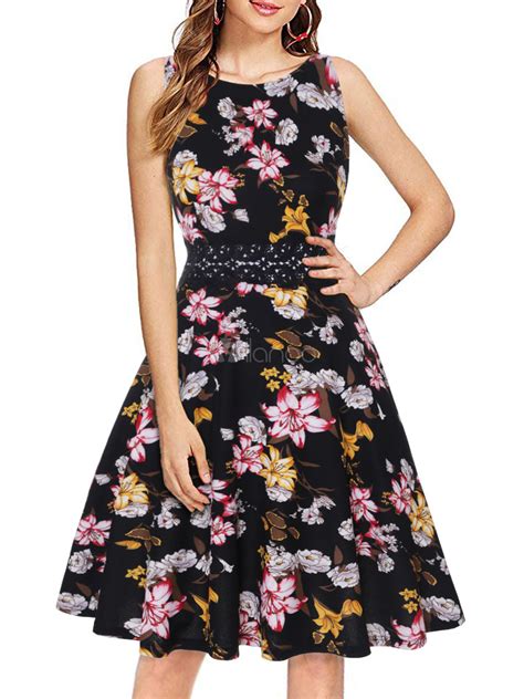 Robe Rétro Robe Vintage 1950 Robe Femme Sans Manches Bijou Cou Robe