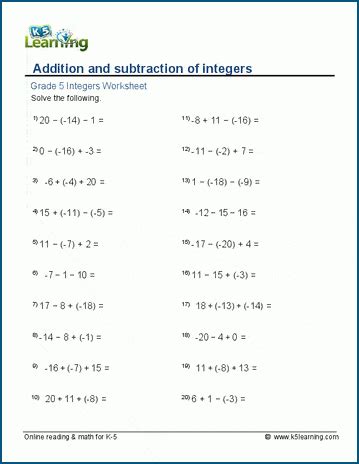 Integers Class Worksheet