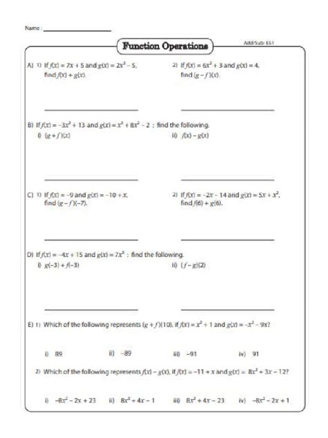 Operations On Functions Worksheets Pdf
