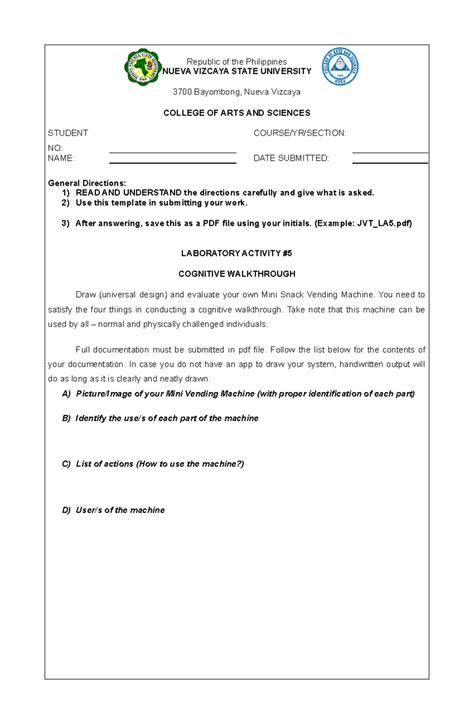 Hci La5 Cognitive Walkthrough Republic Of The Philippines Nueva Vizcaya State University 3700