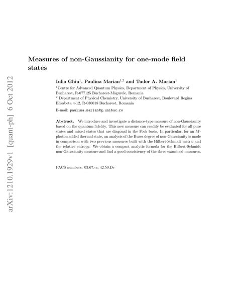 Pdf Measures Of Non Gaussianity For One Mode Field States