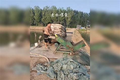 男子这样子养鱼场喂鱼，这喂鱼场面真是非常的壮观场面男子样子