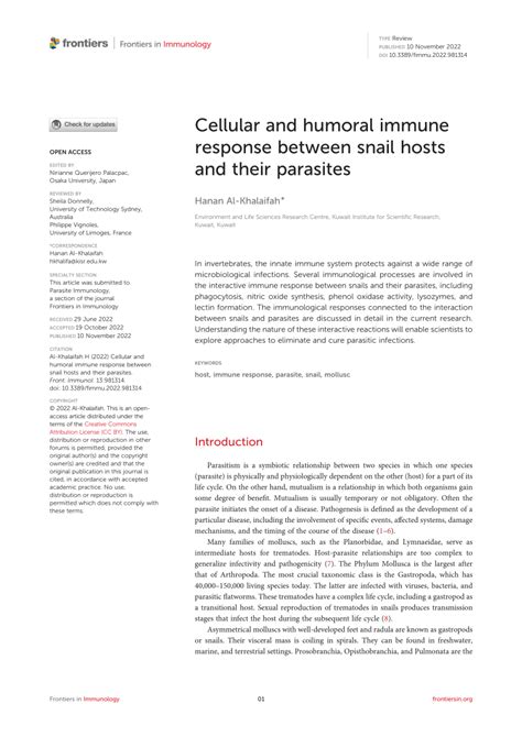 Pdf Cellular And Humoral Immune Response Between Snail Hosts And Their Parasites