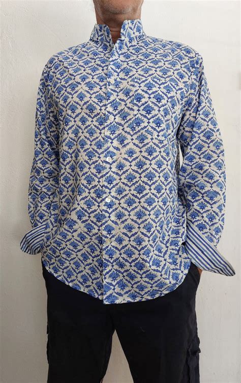 Man Shirt Long Sleevesblue Block Print Cotton Matching Blue Stripes