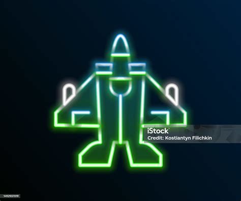 빛나는 네온 라인 제트 전투기 아이콘은 검은 배경에 분리되어 있습니다 군용 항공기 다채로운 개요 개념입니다 벡터 군사에 대한 스톡 벡터 아트 및 기타 이미지 Istock