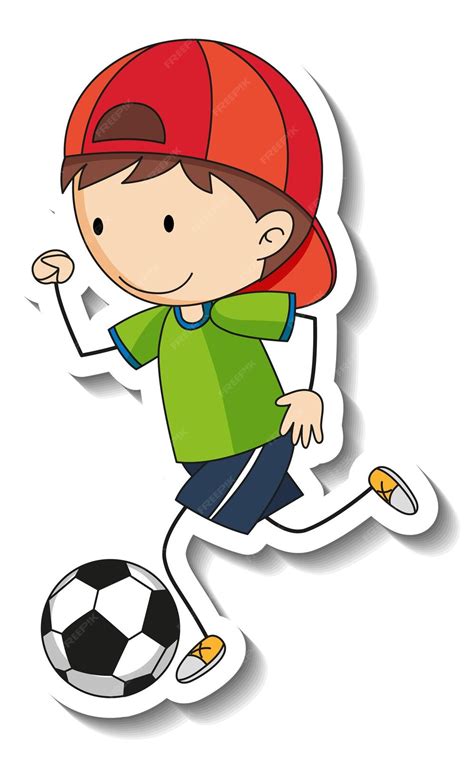 Шаблон стикера с мальчиком играющим в футбол мультяшный персонаж изолирован Бесплатный вектор