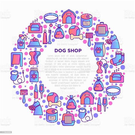 얇은 라인 아이콘으로 원에 개 가게 개념 운송 피더 장난감 문 치과 위생 총구 간식 위생 가방 건조 식품 젖은 음식 칼라 헤어 케어 벡터 일러스트레이션 가방에 대한 스톡