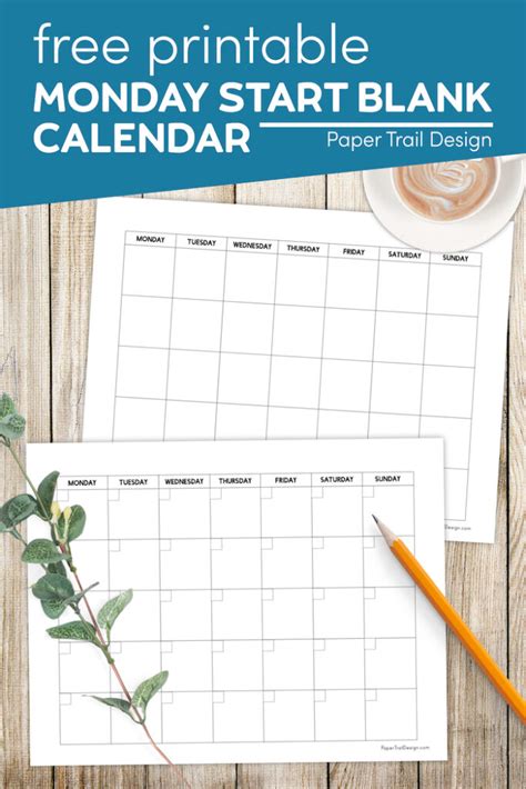 Monday Start Blank Calendar Template Paper Trail Design