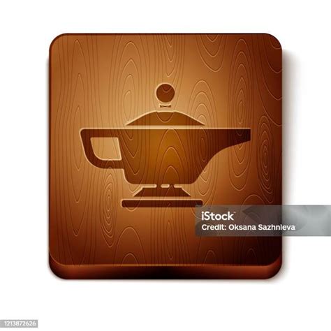 갈색 매직 램프 또는 흰색 배경에 격리 된 알라딘 램프 아이콘 소원을 위한 영적 등불 나무 사각형 버튼입니다 벡터 일러스트레이션 개념에 대한 스톡 벡터 아트 및 기타 이미지