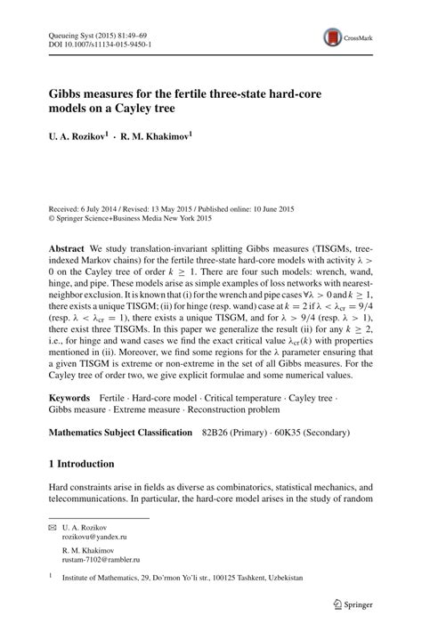 Pdf Gibbs Measures For The Fertile Three State Hard Core Models On A Cayley Tree