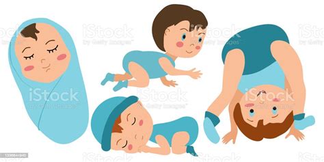 귀여운 아기 또는 유아 소년 다양한 포즈 어린 시절 어린이 진화 진행 앉아 크롤링 흰색 배경에 고립 된 평면 만화 벡터 일러스트레이션에서 소년을 성장 아기에 대한 스톡 벡터