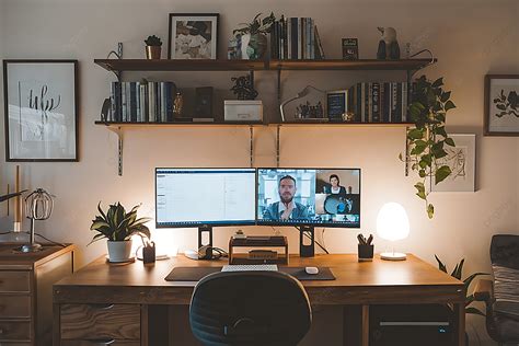 Modern Home Office With Dual Monitors Setup Background Modern Home