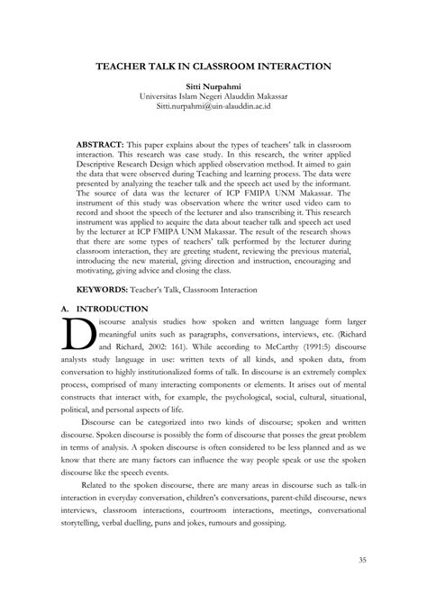 Pdf Teacher Talk In Classroom Interaction