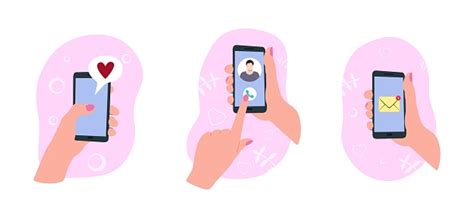 화면에 응용 프로그램과 휴대 전화를 들고 손 인터넷에서 커플을 검색합니다 가상 관계 통신 온라인 데이트 서비스 응용 프로그램 비디오 콜의 개념 소셜 미디어 Brand