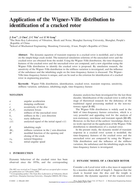 Pdf Application Of The Wigner Ville Distribution To Identification Of A Cracked Rotor