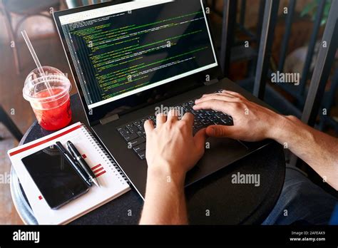 Developer Programmer With Laptop Program Code And Script Data On