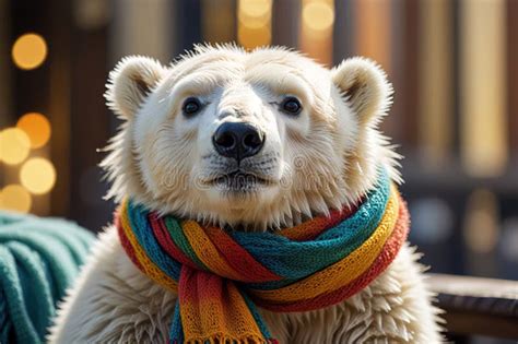 Cute Fuzzy Polar Bear Wearing Colorful Scarf Stock Illustration