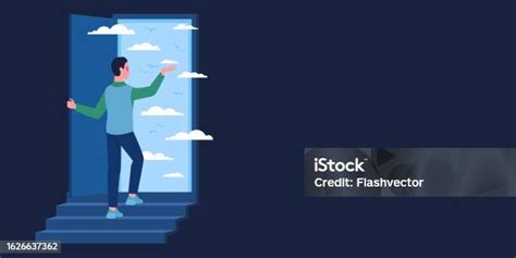 판타지와 알 수 없는 미래로 가는 길 열린 천국 앞 계단에 서 있는 남자 문에 대한 스톡 벡터 아트 및 기타 이미지 문 낮 열다 Istock