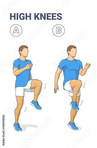 Man Doing High Knees Front Knee Lifts Male Jogging On The Spot And Sprinting Exercise Guidance