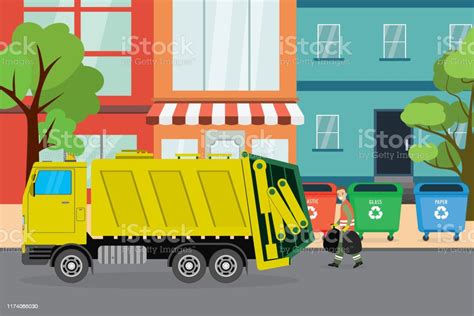 도시 배경에 쓰레기 트럭과 쓰레기 수집가와 도시 폐기물 재활용 개념 쓰레기차에 대한 스톡 벡터 아트 및 기타 이미지 쓰레기차