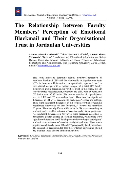 Pdf The Relationship Between Faculty Members Perception Of Emotional Blackmail And Their