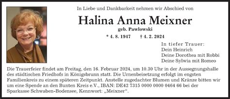 Traueranzeigen Von Halina Anna Meixner Augsburger Allgemeine Zeitung