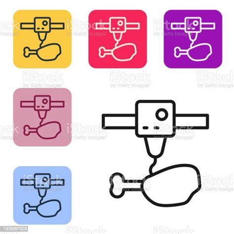 흰색 배경에 격리 된 검은 줄 3d 프린터 치킨 레그 아이콘 3d 프린팅 색상 정사각형 단추로 아이콘을 설정합니다 벡터 3차원 형태에 대한 스톡 벡터 아트 및 기타 이미지