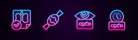 세트 라인 폐 엑스레이 진단 사탕 최면 및 흡연 시간 없음 빛나는 네온 아이콘입니다 벡터 X 레이에 대한 스톡 벡터 아트 및