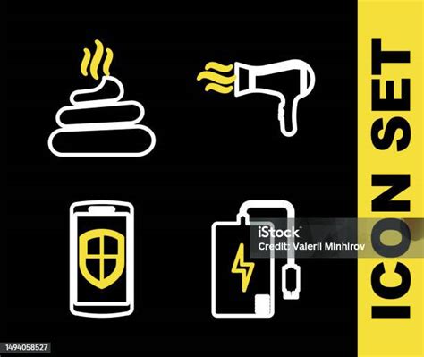 라인 헤어 드라이어 스마트 폰 배터리 충전 돈 보호 및 폴더 아이콘이있는 다운로드 화살표를 설정하십시오 벡터 Usb 케이블에 대한 스톡 벡터 아트 및 기타 이미지 Istock