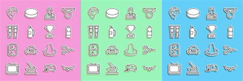 세트 라인 아이스 하키 스틱과 퍽 챔피언십 토너먼트 브래킷 피트니스 셰이커 하키 심판 심판 중재자 목발 또는 목발 헬멧 및 수상 컵 아이콘 벡터 건강 진단에 대한 스톡 벡터