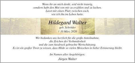 Traueranzeigen Von Hildegard Walter Noz Trauerportal