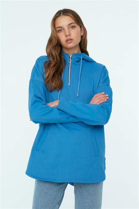 ლურჯი ფერის კაპიუშონიანი ელვა შესაკრავიანი ტრიკოტაჟის სპორტული ზედა Extra Ge 458970