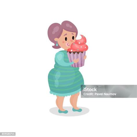 거 대 한 컵 케이크 해로운 습관과 중독 만화 벡터 일러스트 레이 션을 먹는 젊은 뚱뚱한 여자 0명에 대한 스톡 벡터 아트 및 기타 이미지 Istock