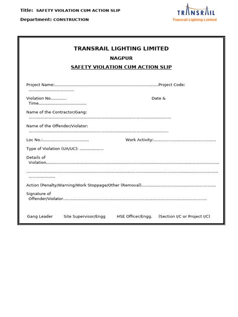 Safety Violation Cum Action Slip Pdf