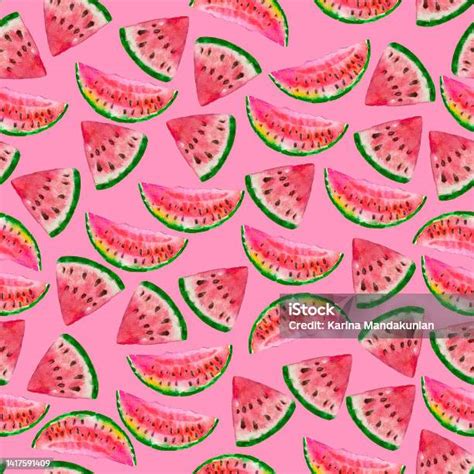 수채화 손으로 그린 수박 패턴 핑크 배경 수박 조각 트리엔젤 여름 음식 0명에 대한 스톡 벡터 아트 및 기타 이미지 0명 건강한 식생활 과일 Istock