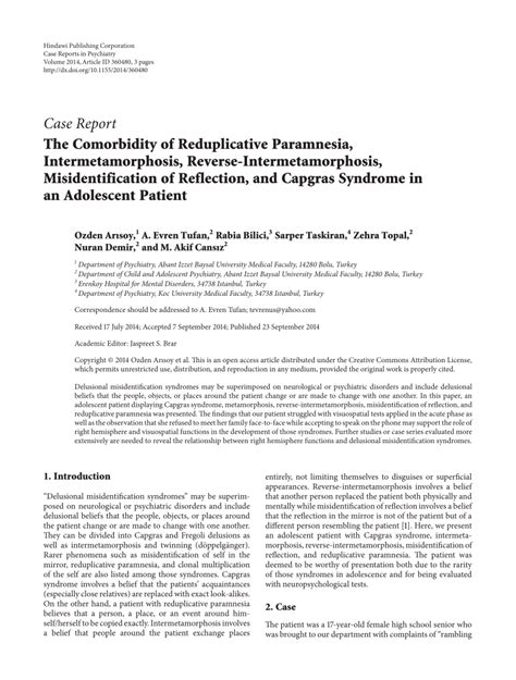 Pdf The Comorbidity Of Reduplicative Paramnesia Intermetamorphosis Reverse