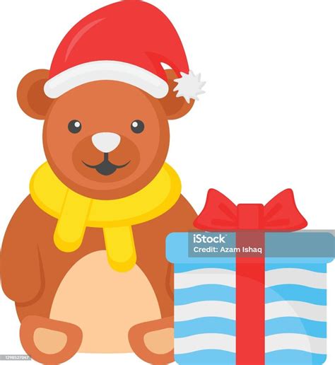 산타 캡과 선물 상자 컨셉 벡터 컬러 아이콘 디자인 흰색 배경에 메리 크리스마스 기호를 입고 테디 베어 새해 축하 기호 12월에 대한 스톡 벡터 아트 및 기타 이미지