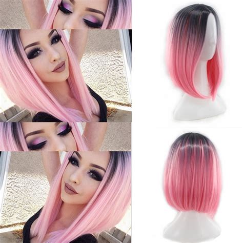 Womens Black To Pink Two Tones Ombre Short Straight Bob Style Heat