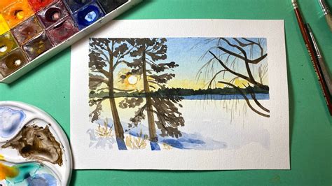 Рисуем зимний пейзаж с озером и соснами Новогодние рисунки акварелью
