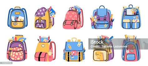 학용품이 들어있는 가방 주머니와 지퍼가있는 다채로운 배낭에 만화 초등학교 액세서리 벡터 귀여운 초등학교 교육 장비 세트 배낭에 대한 스톡 벡터 아트 및 기타 이미지 Istock