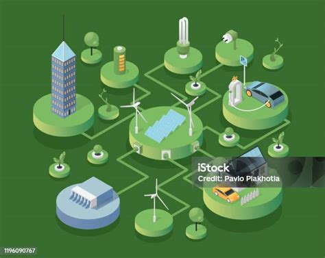 환경 친화적 인 기술 아이소 메트릭 벡터 일러스트 현대의 지속 가능한 아키텍처 환경적으로 안전한 전원 신재생 에너지 생태계 보존 자연 보호 개념 생태계에 대한 스톡 벡터
