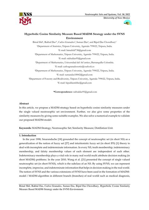 Pdf Hyperbolic Cosine Similarity Measure Based Madm Strategy Under