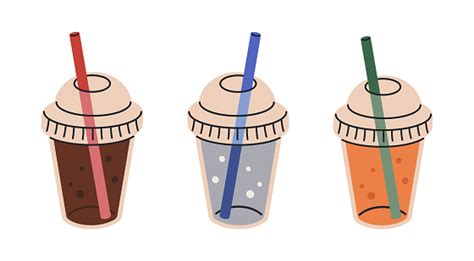 테이크 아웃 음료는 플라스틱 컵입니다 차가운 청량 음료 탄산수 및 뜨거운 커피 컵 신선한 레몬 주스 또는 레모네이드 음료 평면 벡터 일러스트 레이 션 세트 음료 배달 용기