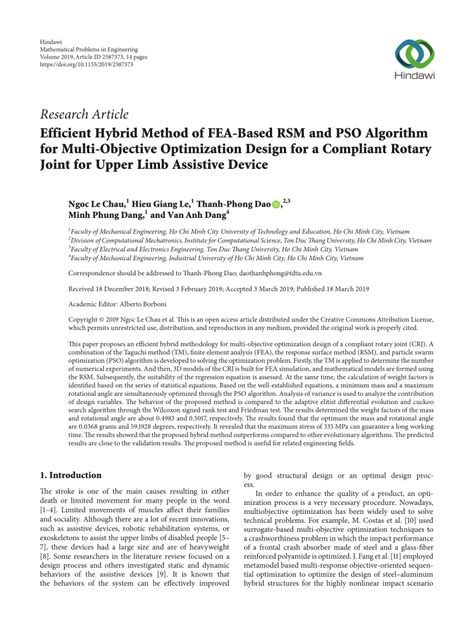 Pdf Efficient Hybrid Method Of Fea Based Rsm And Pso Algorithm For Multi Objective