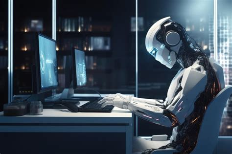 premium photo 3d rendering humanoid robot working on computer in dark office at night 3d