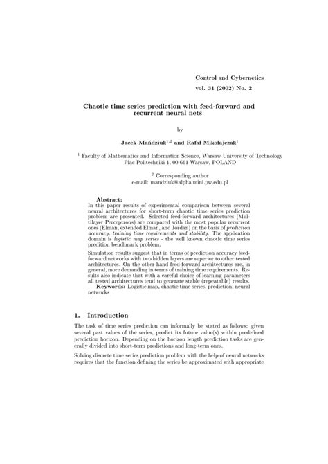 Pdf Chaotic Time Series Prediction With Feed Forward And Recurrent