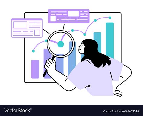 Woman With A Magnifying Glass Examines The Data Vector Image