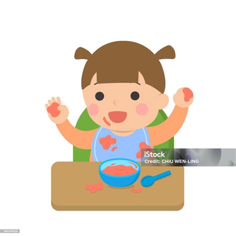 귀여운 아기 먹고 손가락으로 음식을 잡고 지저분한 식탁 일상 생활 벡터 일러스트레이션 또는 아이콘 귀여운에 대한 스톡 벡터 아트 및 기타 이미지 Istock
