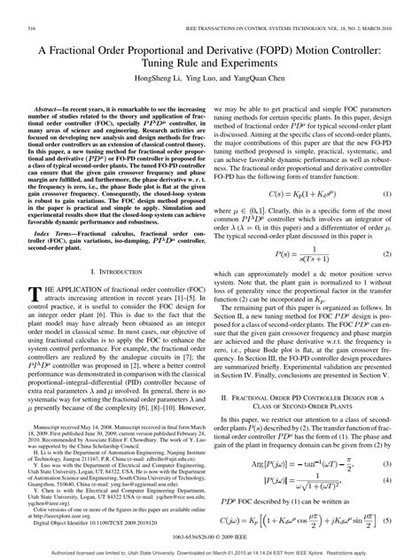 Pdf A Fractional Order Proportional And Derivative Fopd Motion Controller Tuning Rule And