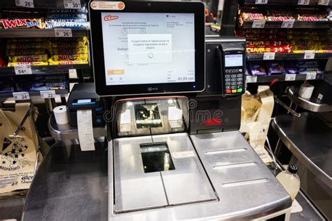 Self Checkout Machine In A Supermarket With Products And Payment Terminal Editorial Photography